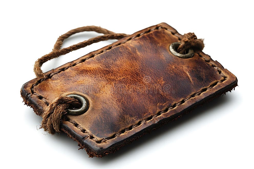 Worn Brown Leather Tag with Stitching, Grommets, and Cord String ...