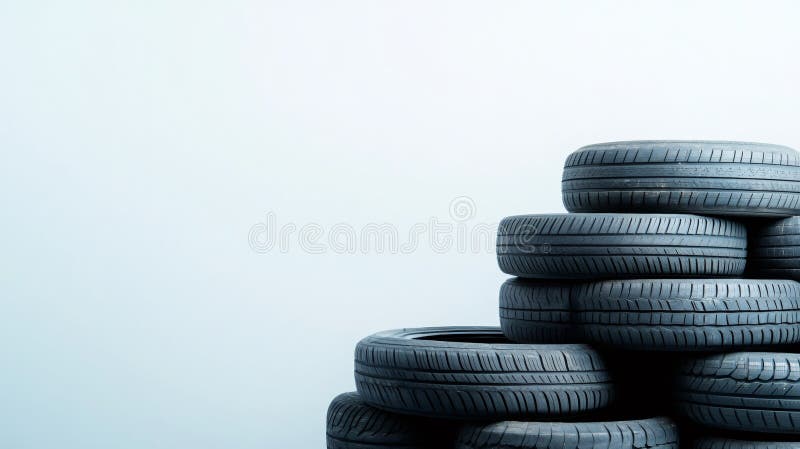 Worn Car Tires Arranged in a Pyramid Against a Light Blue Backdrop ...