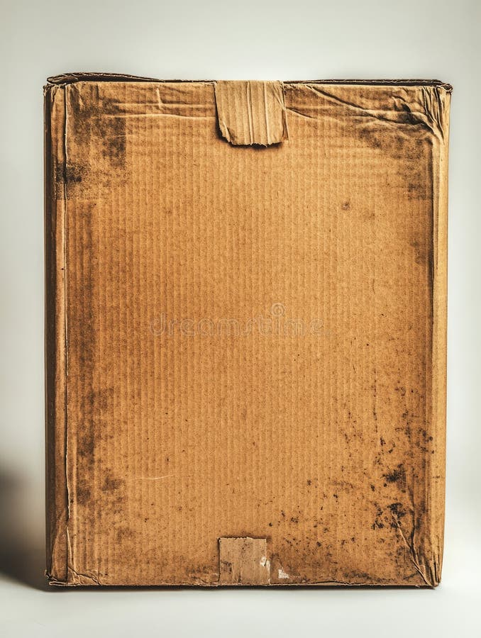 Worn Cardboard Box Against a Neutral Background. Stock Image - Image of ...