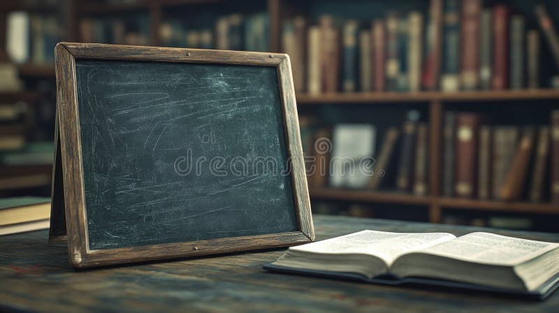 Worn Chalkboard with Open Book and Slate Stock Photo - Image of ...