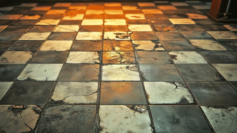 Worn Checkerboard Tile Floor with Warm Light Reflection and Weathered ...