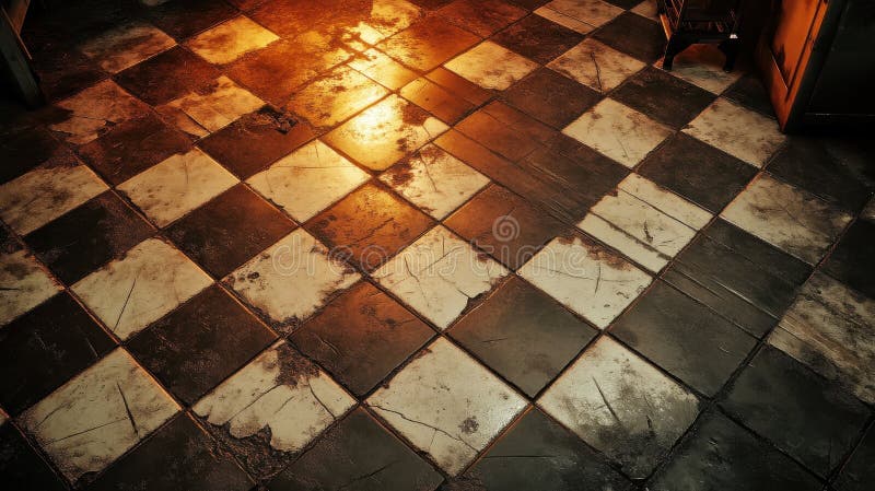Worn Checkerboard Tile Floor with Warm Light Reflection and Weathered ...