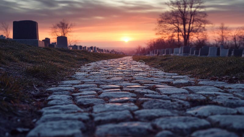 A Worn Cobblestone Path in a Cemetery at Sunset, Perfect for Use in ...