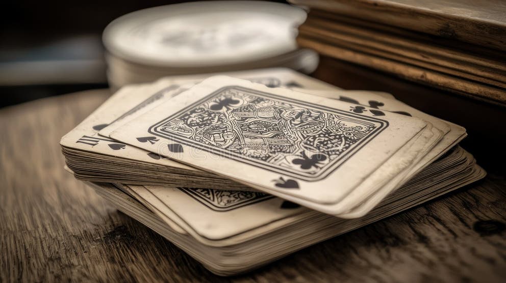 Vintage Playing Cards Stacked on Wooden Table Stock Illustration ...