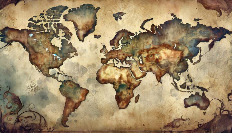 Worn grungy old world map stock illustration. Illustration of mural ...