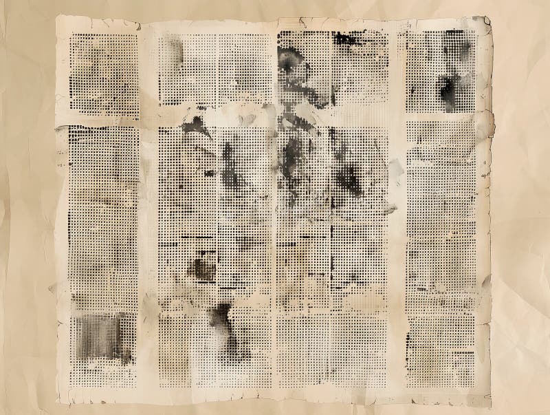 Worn Halftone Dotted Pattern Over Aged Newspaper with Distressed Black ...