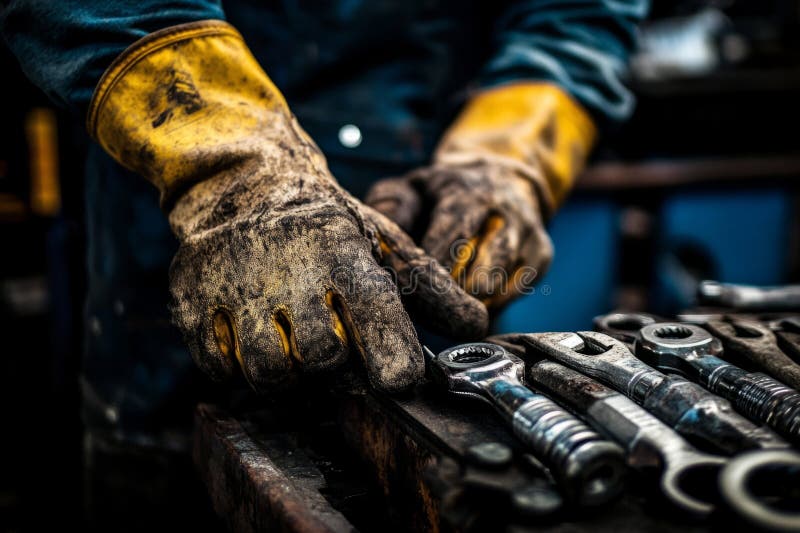 Worn Hands of a Mechanic Organize Tools in a Workshop. a Close-up View ...