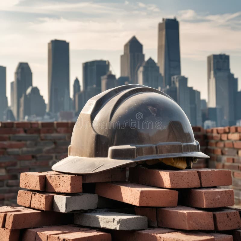 A Worn Hard Hat Resting Atop a Stack of Bricks Against a City Skyline ...