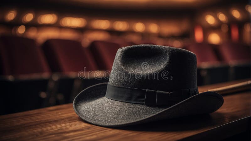Worn Hat and Cane Lie on Wooden Stage in Dimly Lit Empty Theater. Stock ...