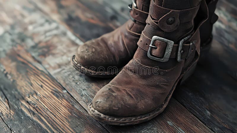 Worn Leather Boots on Rustic Wood Floor Vintage Style Interior Setting ...