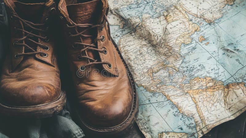Worn Leather Boots and Vintage Map Depicting Adventure and Exploration ...