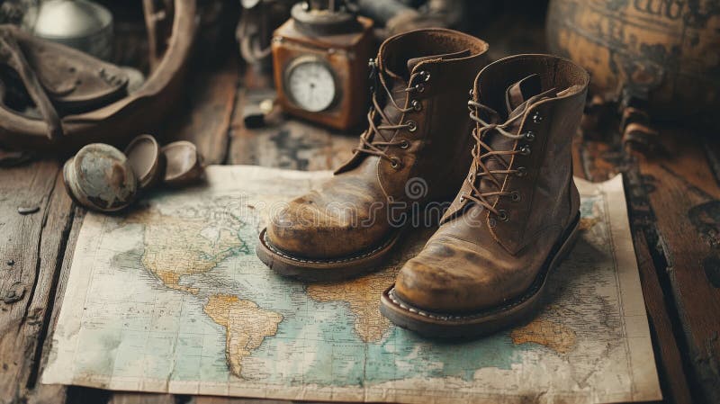 Worn Leather Boots on Vintage World Map with Rustic Travel Gear Stock ...