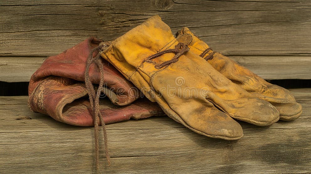 Worn Leather Gloves on Rustic Wood Background Stock Image - Image of ...
