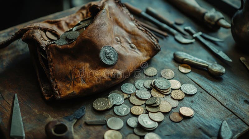 Worn Leather Pouch Filled with Coins and Medieval Tools on a Table ...