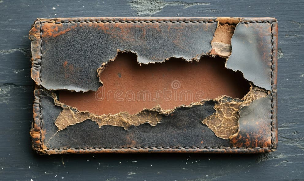 Worn Leather Wallet with Peeling Edges and Distressed Texture on Dark ...