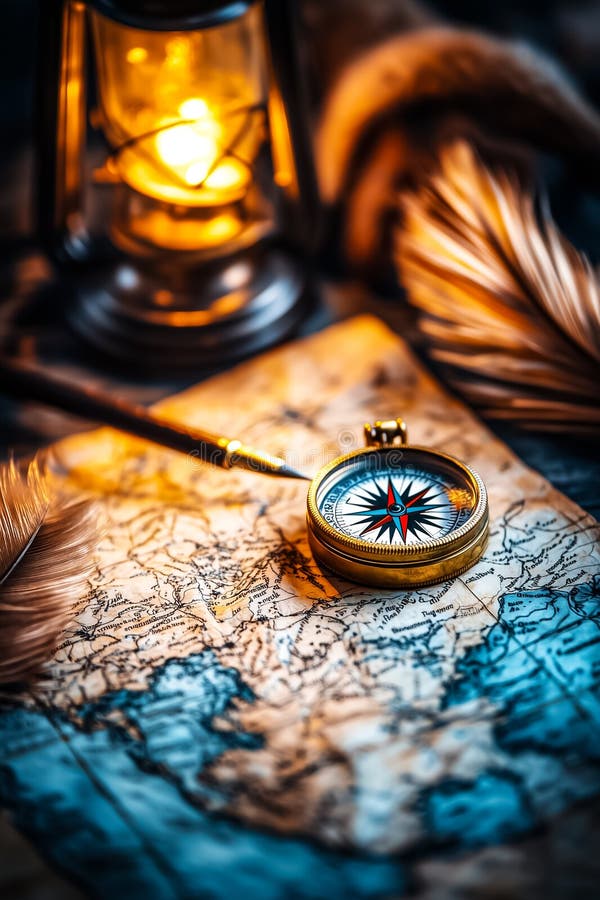 A Worn Map is Spread Out Alongside a Vintage Compass, with a Lantern ...