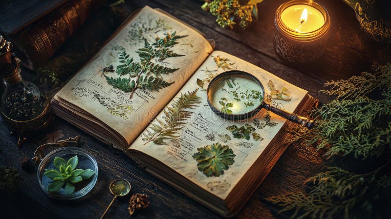 Worn Notebook with Pressed Leaves, Plant Diagrams, and Botanical Notes ...