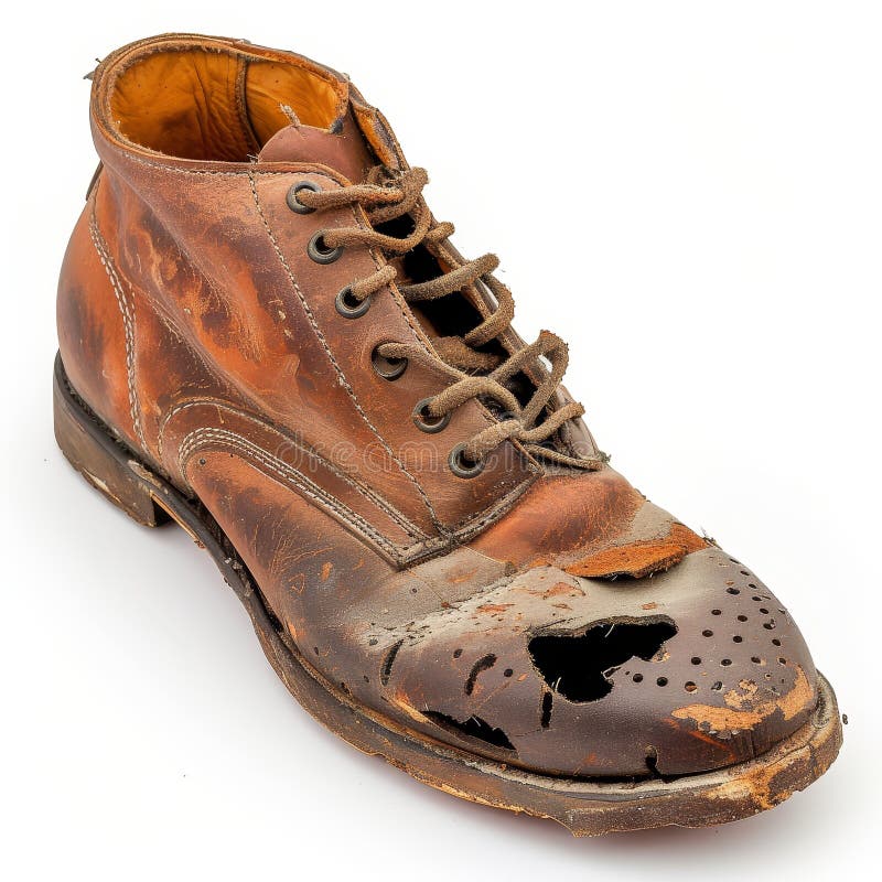 Worn, Old Leather Boot with a Hole, Isolated on a White Background ...