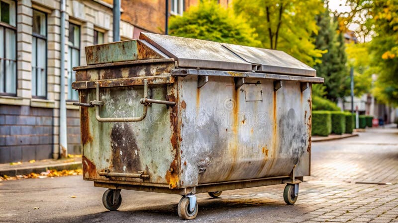 Worn Old Metallic Garbage Dumpster Container or Dust Bins at the Street ...