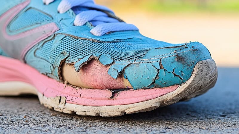 Worn Out Blue Running Shoe with Torn Mesh and Exposed Toe on Pavement ...