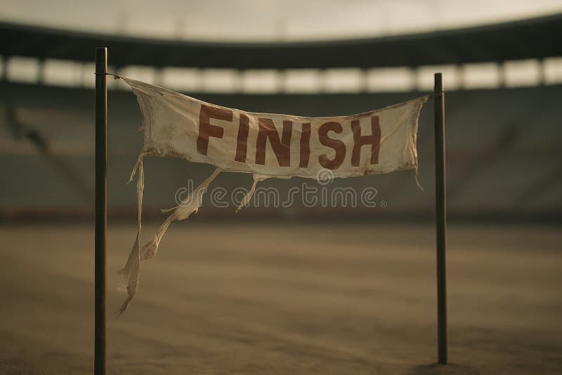 Worn-out Finish Line Banner in Empty Stadium, Symbolizing Victory and ...