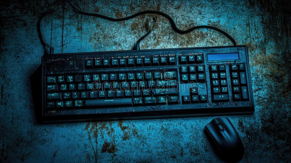 Worn Out Keyboard and Mouse on Distressed Blue Surface in Dim Lighting ...