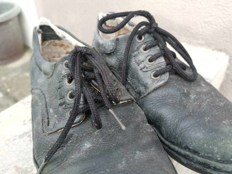 Worn Out Man`s Black Leather Shoe. Stock Photo - Image of dusty ...