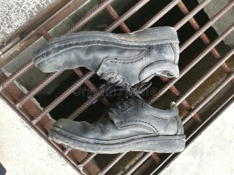 Worn Out Man`s Black Leather Shoe. Stock Photo - Image of male, casual ...
