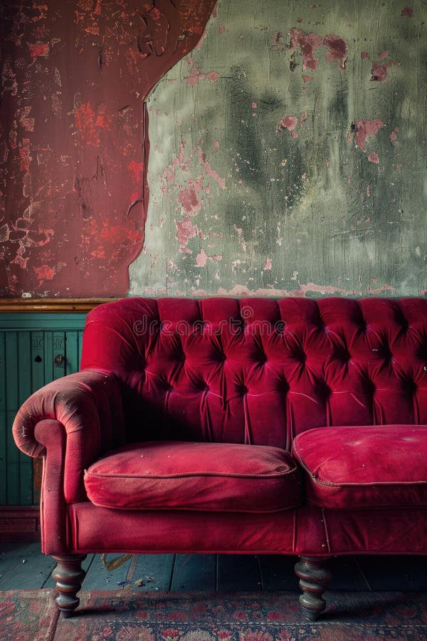 A Worn Out Red Couch Sits in Front of a Wall with Peeling Paint, a ...