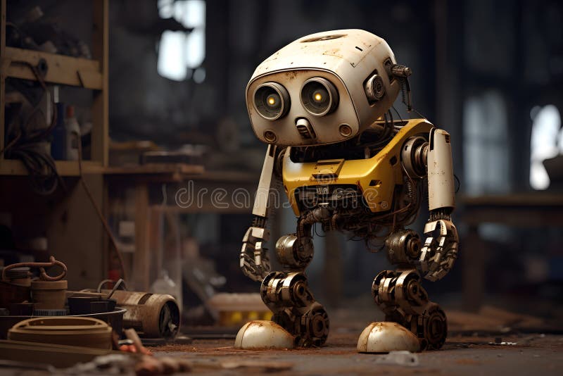 A Worn Out Small Robot is Abandoned in an Old Factory Hall. Sci-fi ...