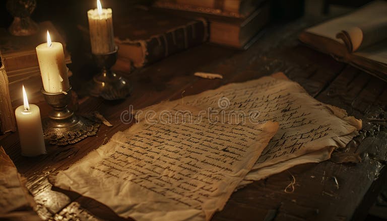 Worn Parchment, Ancient Gothic Script, Candlelit Desk Stock Photo ...