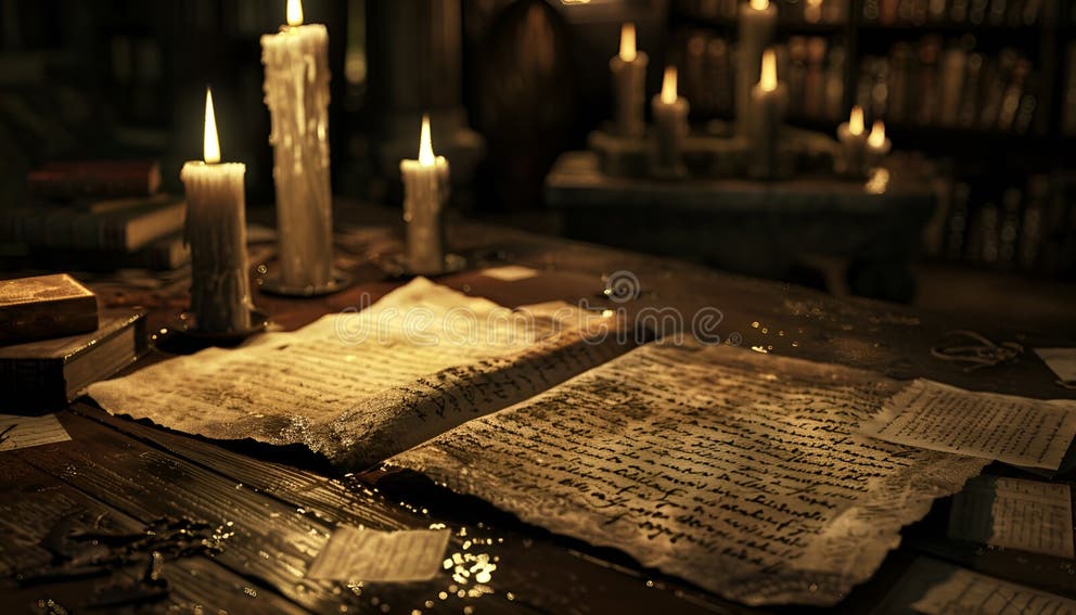 Worn Parchment, Ancient Gothic Script, Candlelit Desk Stock Photo ...