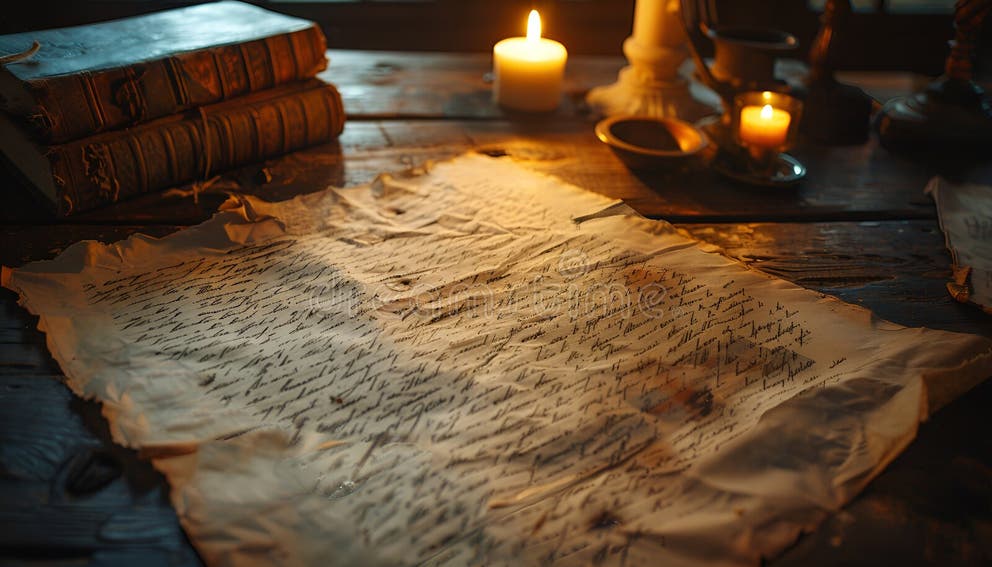 Worn Parchment, Ancient Gothic Script, Candlelit Desk Stock Image ...