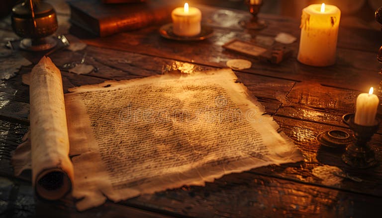 Worn Parchment, Ancient Gothic Script, Candlelit Desk Stock Image ...