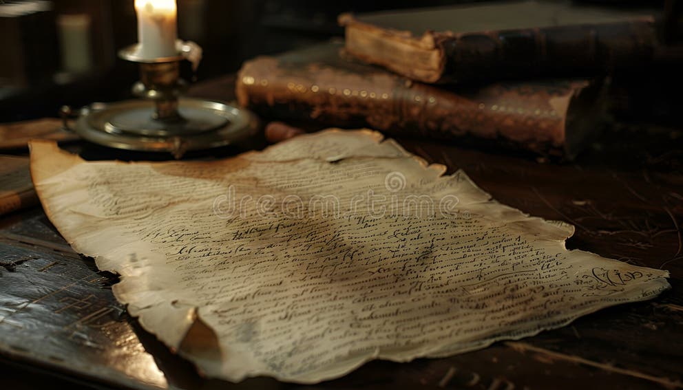 Worn Parchment, Ancient Gothic Script, Candlelit Desk Stock Image ...