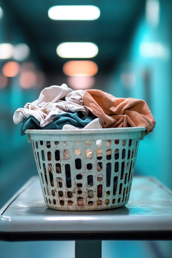 A Worn Plastic Laundry Basket Overflows with Crumpled Clothes, Left on ...