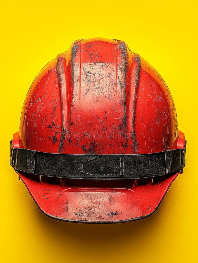 Worn Red Hard Hat on Bright Yellow Background. Stock Photo - Image of ...