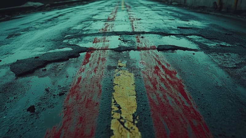 Worn Road with Red and Yellow Lines Stock Illustration - Illustration ...