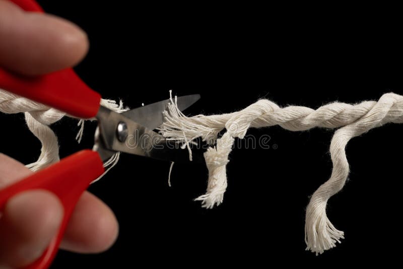 Worn Rope Ready To Break, with Scissors on Black Background Stock Photo ...