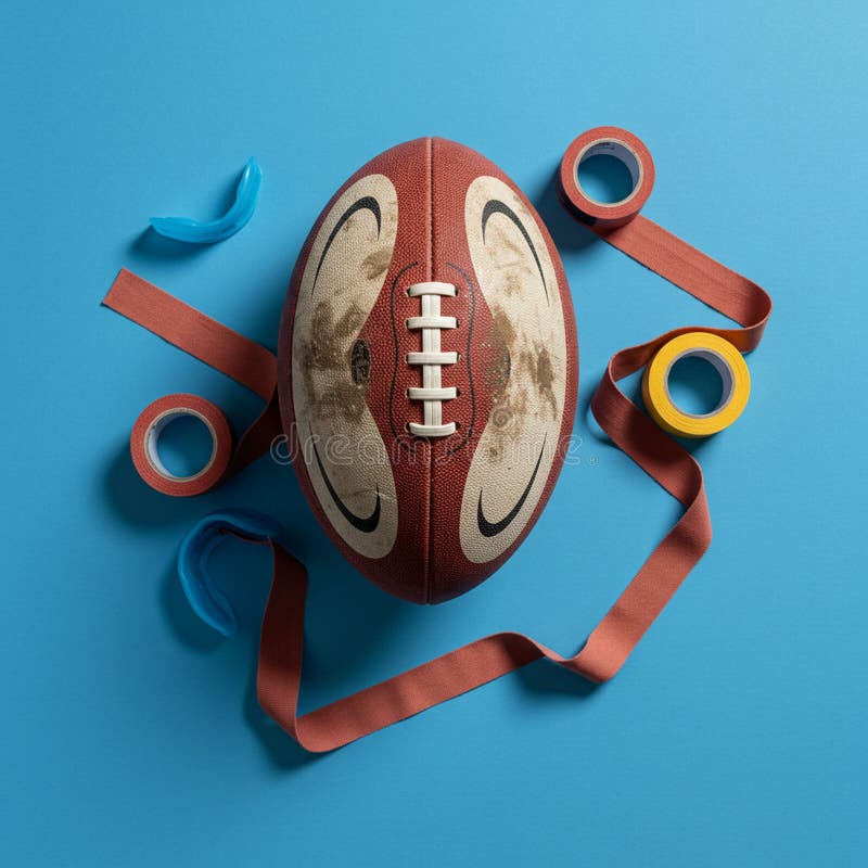 A Worn Rugby Ball with Visible Scuff Marks is Centered on a Blue ...