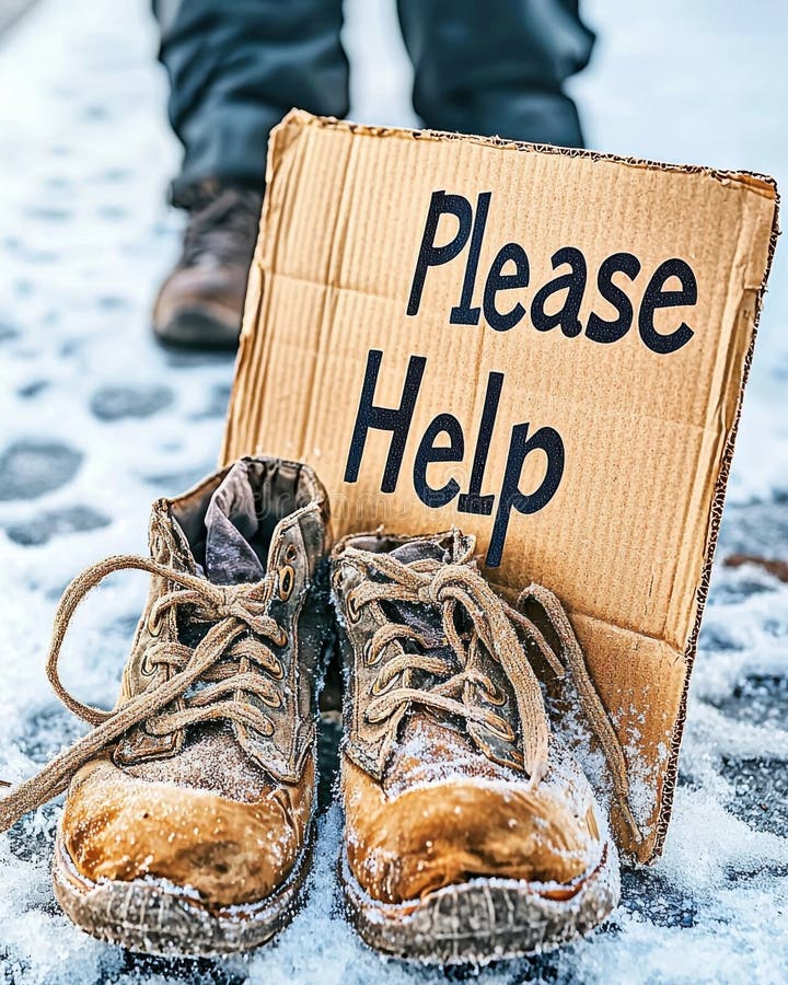 Worn Shoes and a Cardboard Sign on a Snowy Sidewalk Stock Image - Image ...