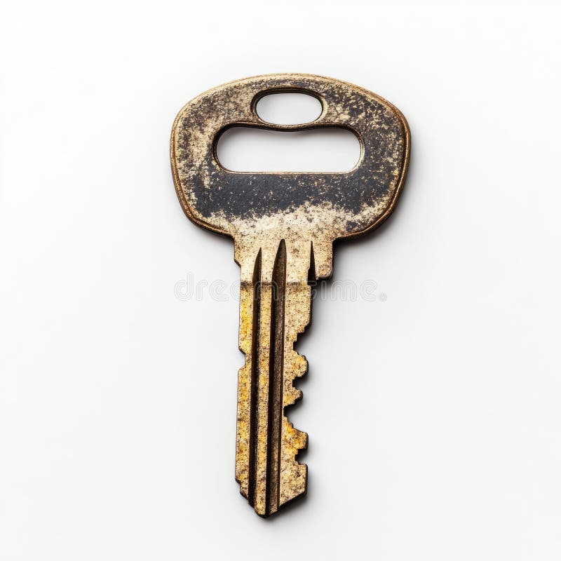 A Worn Silver Key with Scratches on a Plain White Background. Stock ...