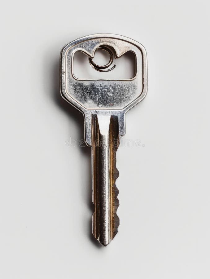 A Worn Silver Key with Scratches on a Plain White Background. Stock ...