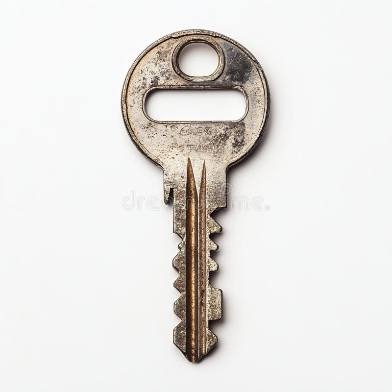A Worn Silver Key with Scratches on a Plain White Background. Stock ...