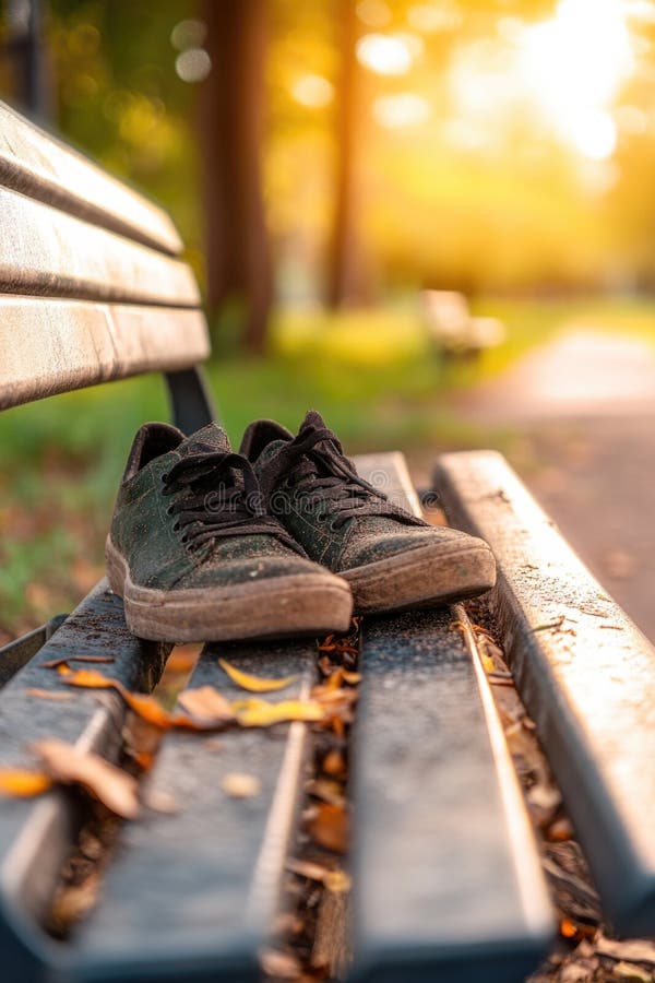 Worn Sneakers on Park Bench at Sunset in Autumn Landscape Stock Photo ...