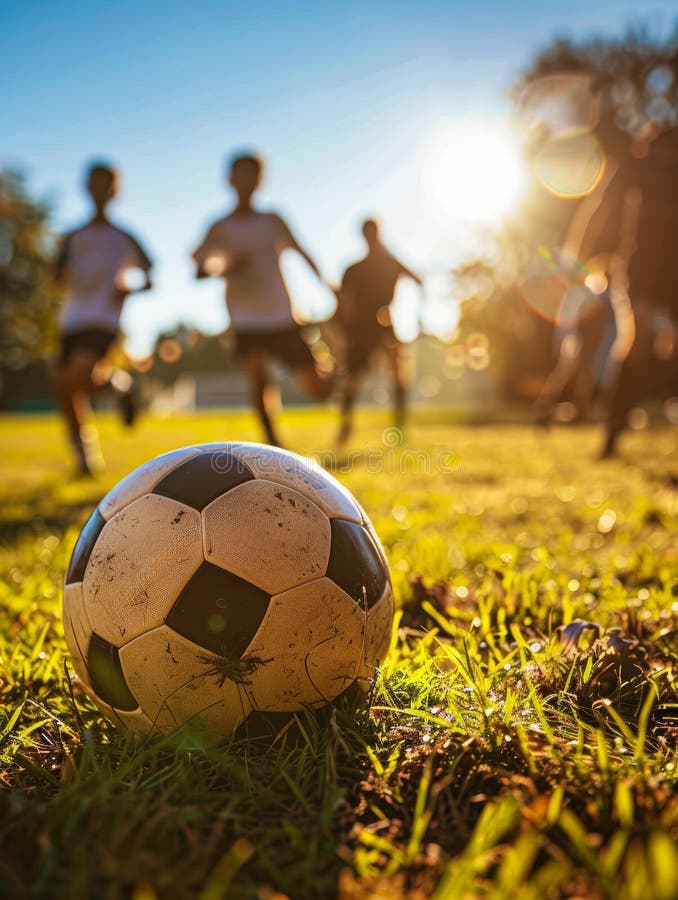 A Worn Soccer Ball Rests on the Grass with Players in Motion Blurred in ...