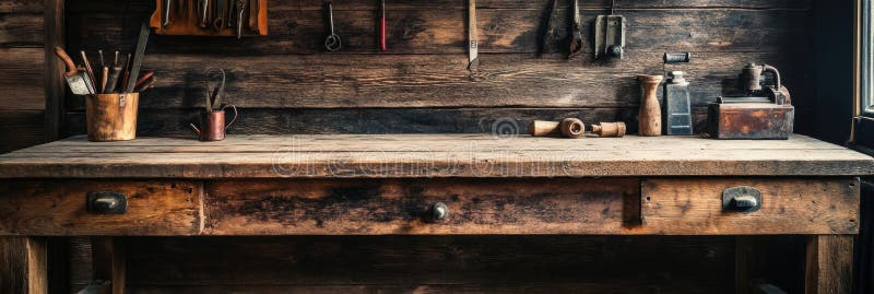 Worn Wooden Workbench with Rusty Tools, Sunlight Streaming in, Evokes a ...