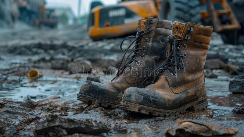 Worn Work Boots in Muddy Construction Site. Workwear Dirt and Wet Stock ...