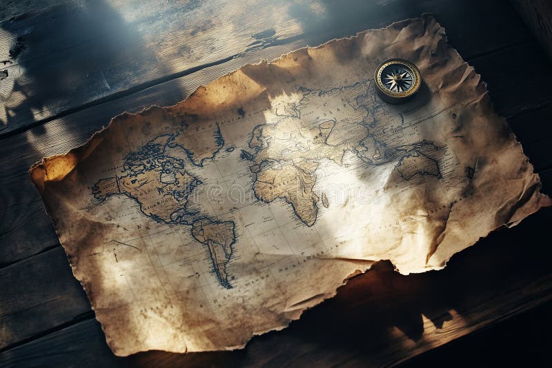 Worn World Map Spread on Wooden Surface beside Old Compass, Evoking a ...