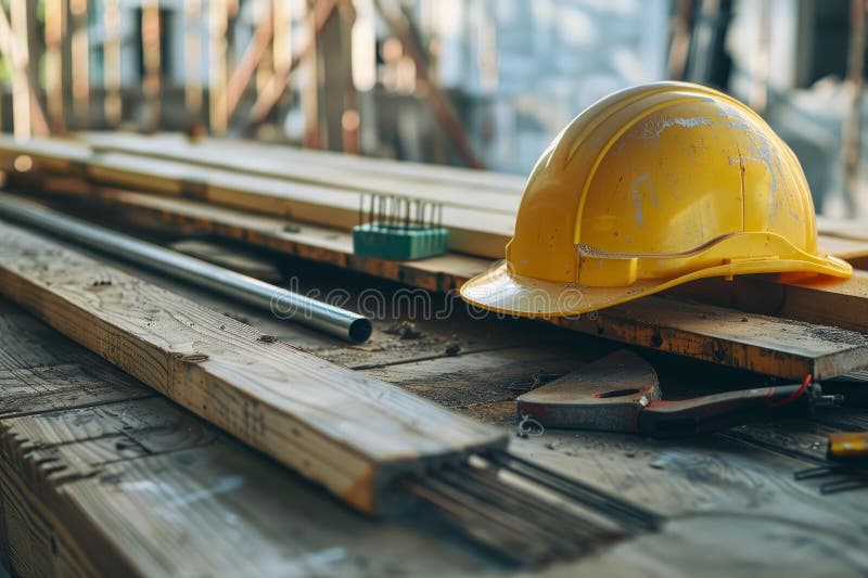 Construction Safety Helmet on Workbench Stock Image - Image of hand ...
